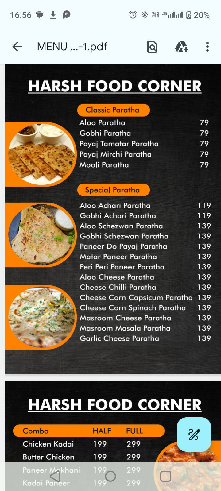 Menu of Harsh Food Corner, Borivali West, Mumbai