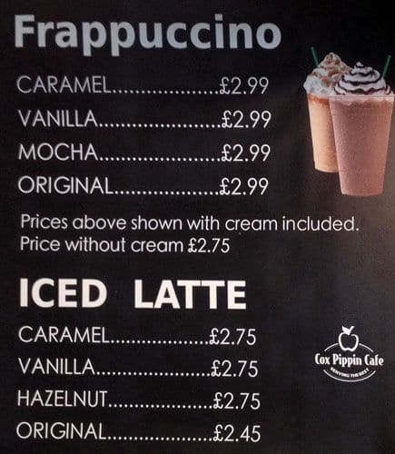 Menu at Cox Pippin Cafe, Wallington, 32 Wallington Square