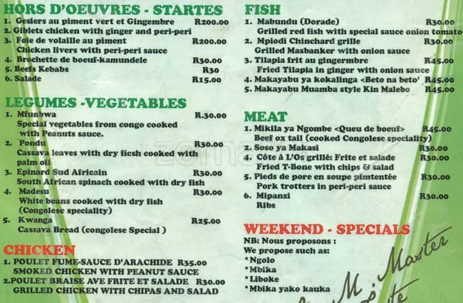 Menu au Kin Malebo Congolese Restaurant, Johannesburg