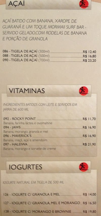 Menu at Surf Bar, Brasília, Pontão Lago Sul