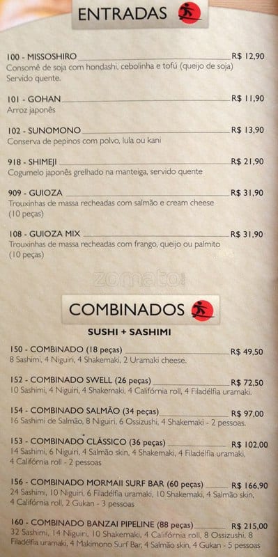 Menu at Surf Bar, Brasília, Pontão Lago Sul