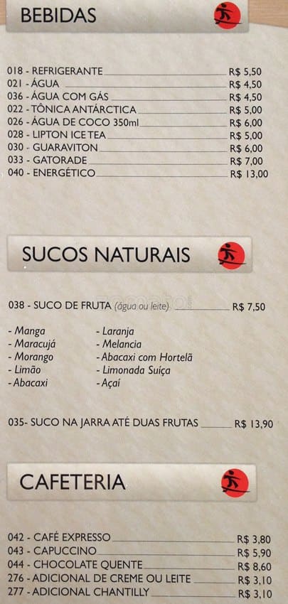 Menu at Surf Bar, Brasília, Pontão Lago Sul