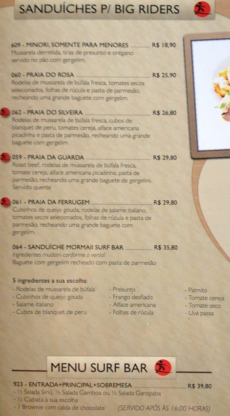 Menu at Surf Bar, Brasília, Pontão Lago Sul