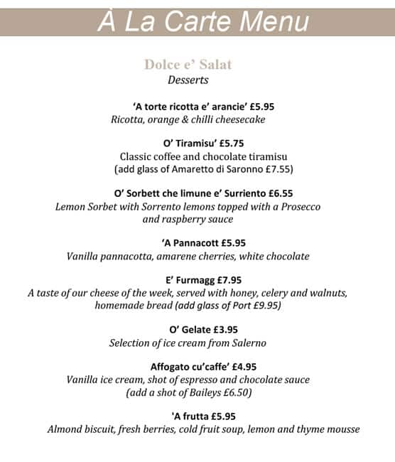 Menu at Dimora restaurant, Glasgow