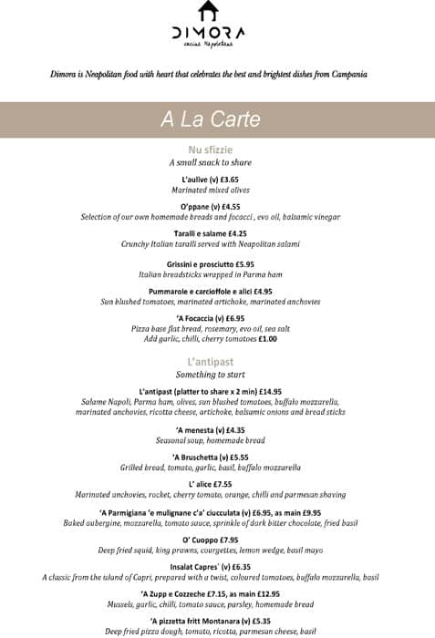 Menu at Dimora restaurant, Glasgow