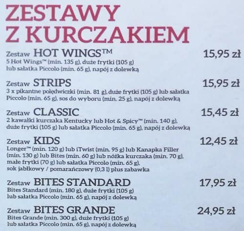 Menu at KFC Warszawa CH Wola Park fast food, Warsaw, ul. Górczewska 124 ...