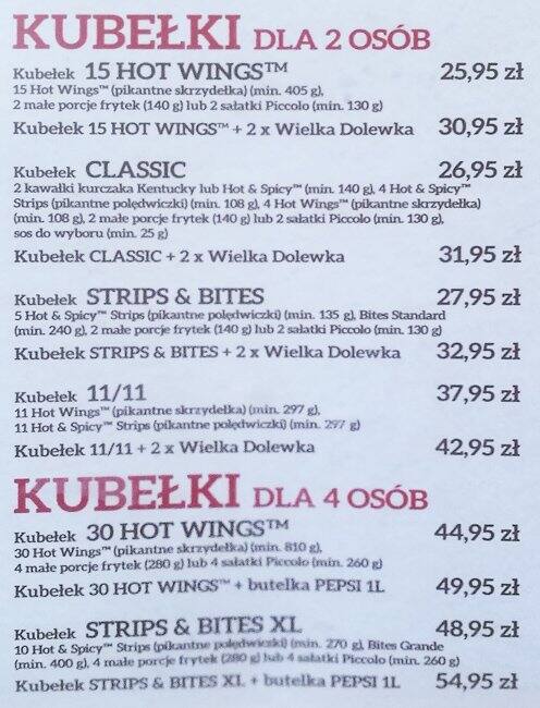 Menu at KFC Warszawa CH Wola Park fast food, Warsaw, ul. Górczewska 124 ...