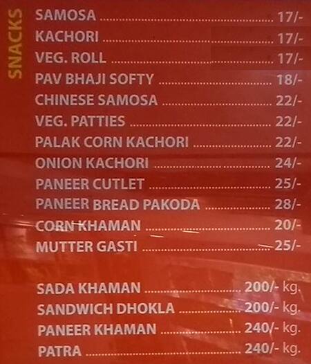 Menu at Gwalia, Ahmedabad, 1