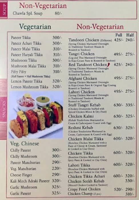 Menu of Chawla's 2, Gurdev Nagar, Ludhiana
