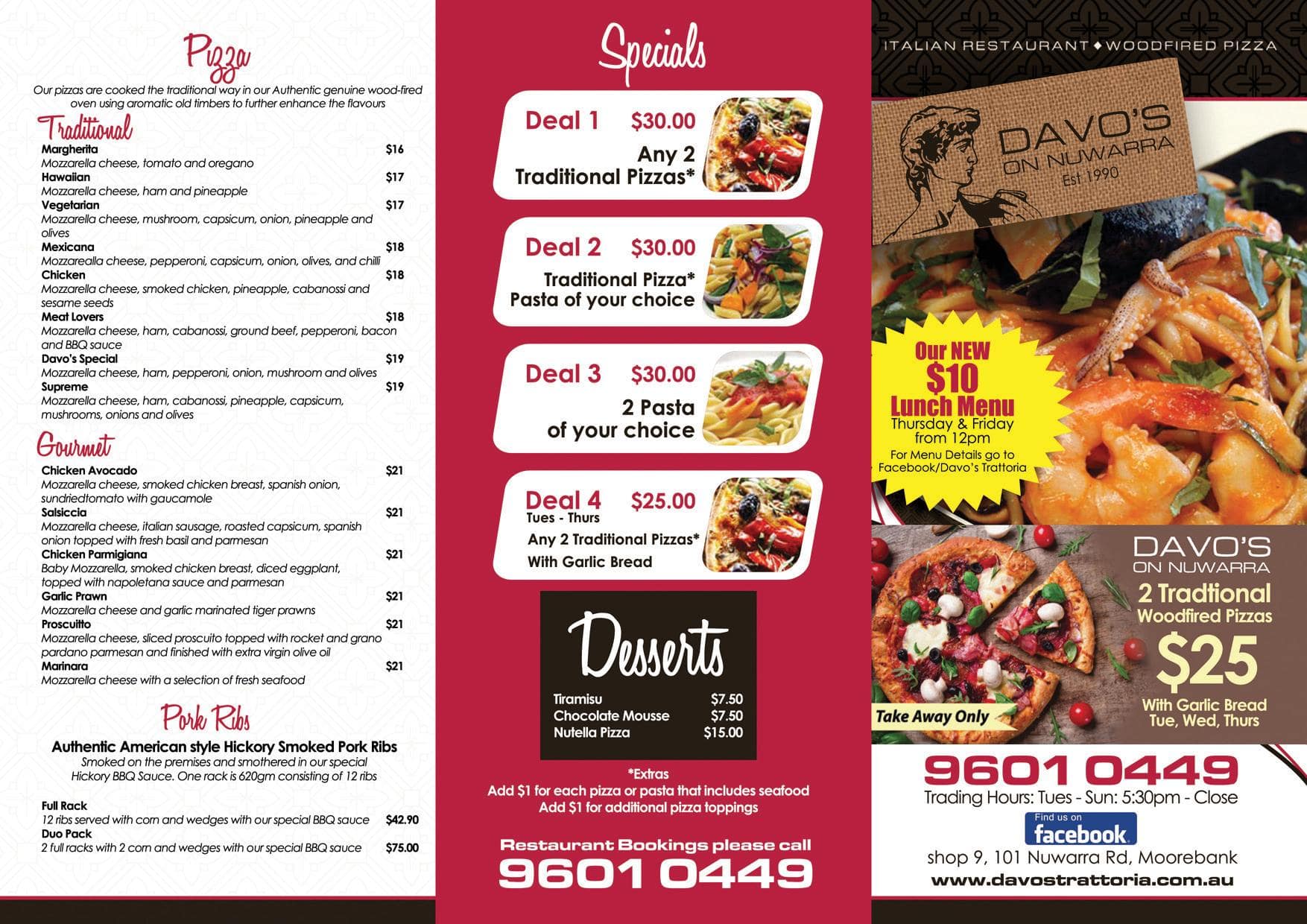 Carta de pizzería Davo's Trattoria On Nuwarra, Moorebank