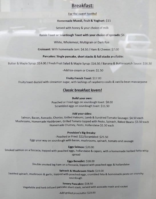 Menu at Provisions restaurant, Williamstown