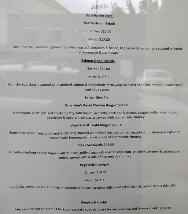 Menu at Provisions restaurant, Williamstown
