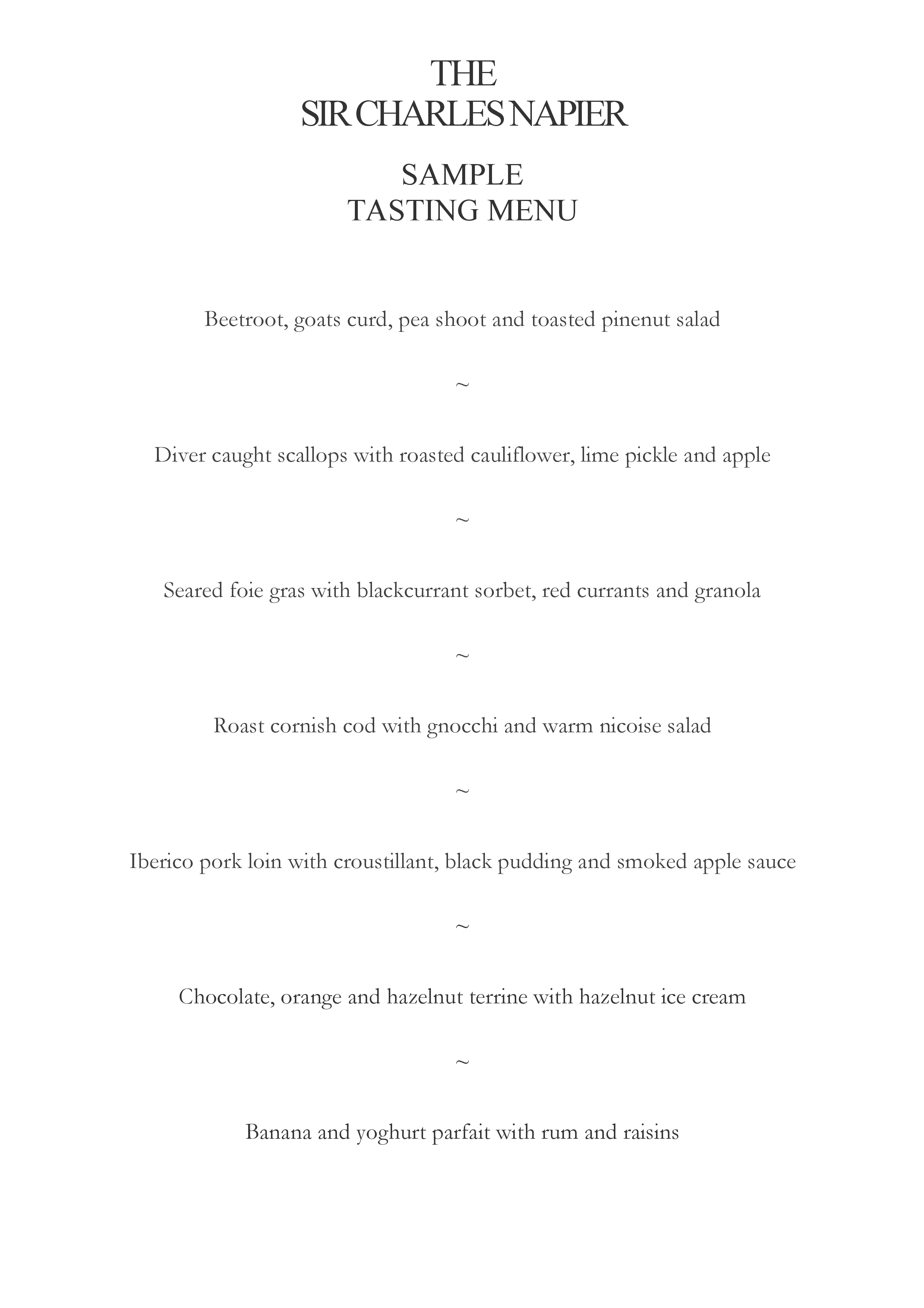 Menu at Sir Charles Napier restaurant, Chinnor