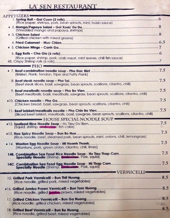 Menu at Lá Sen Vietnamese Restaurant, Fremont