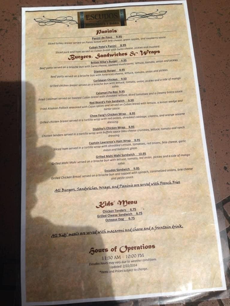 Menu at Tesoro Cove restaurant, Orlando