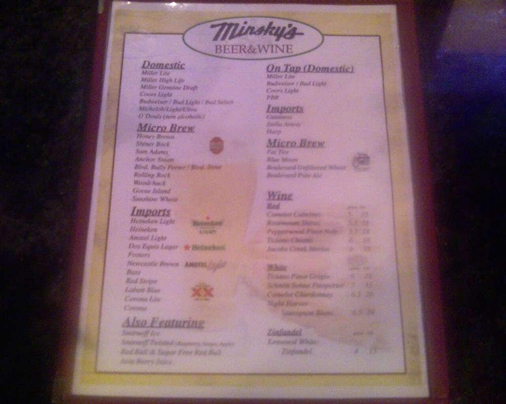 Menu at Minsky's Pizza pub & bar, Kansas City, 427 Main St