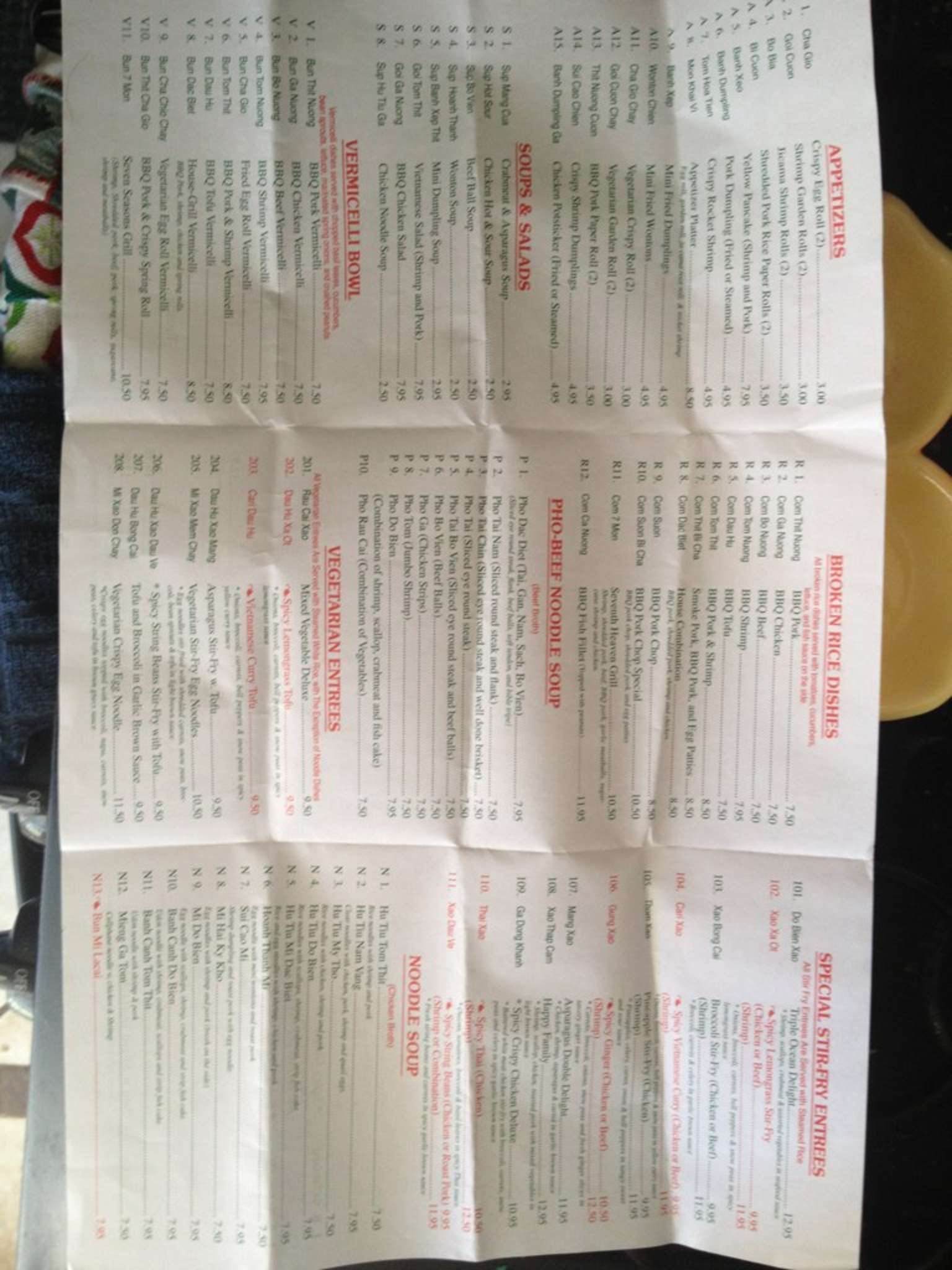 Menu at Vietnam One restaurant, Richmond