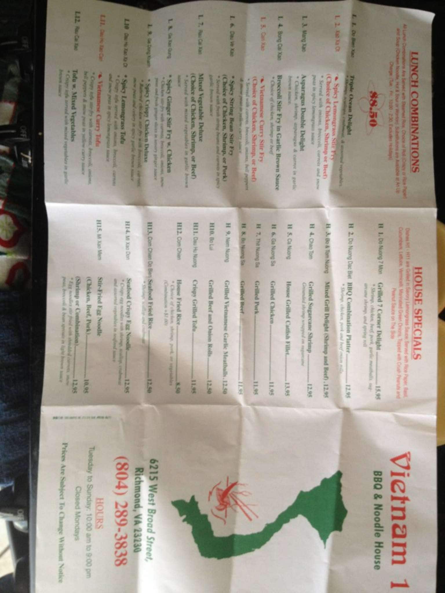 Menu at Vietnam One restaurant, Richmond