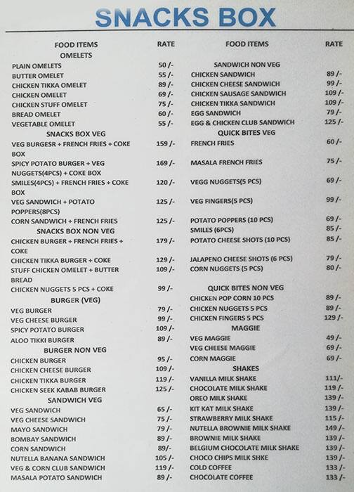 Menu at Snacks Box, Hyderabad