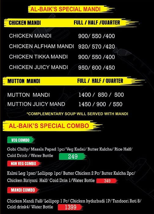 Menu of Al- Baik The Mandi House, Gokulam, Mysore
