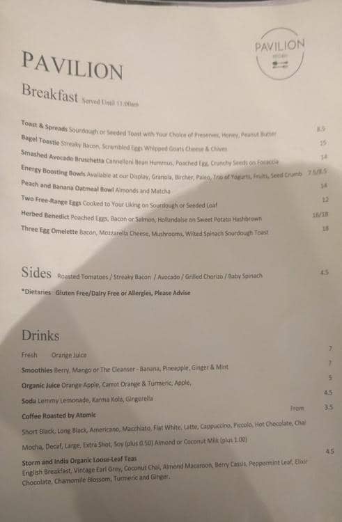 Menu at Pavilion Kitchen cafe, Auckland