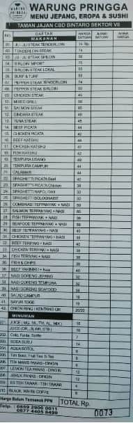 Menu at Warung Pringga restaurant, South Tangerang, CBD Bintaro