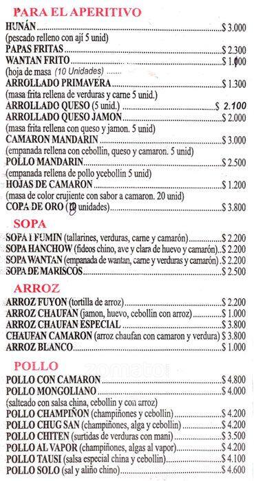 Long Sheng Menu, Menu podniku Long Sheng, La Cisterna, Santiago ...