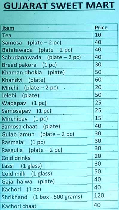 Menu of Gujarat Sweet Mart, Panaji, Goa