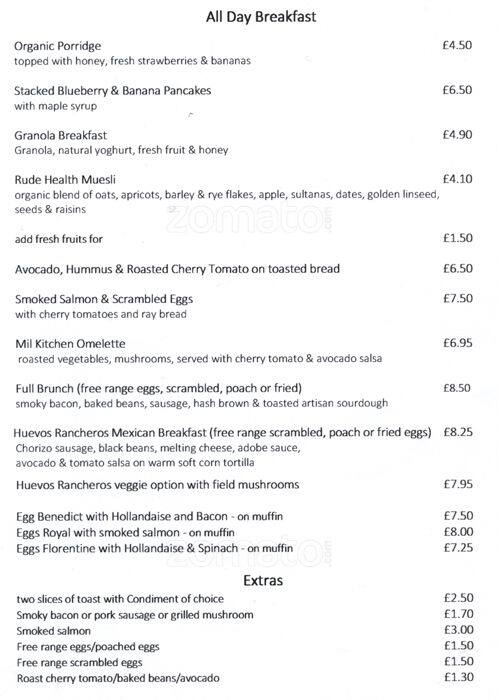 Menu at Mil Kitchen cafe, London