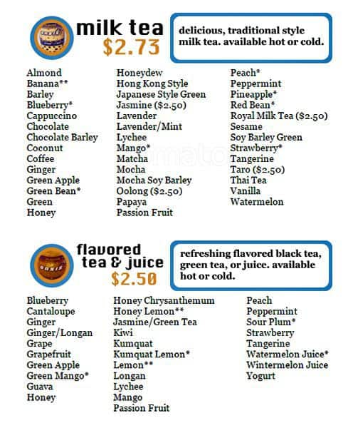 Menu at Oasis Tea Zone cafe, Seattle, University Way NE