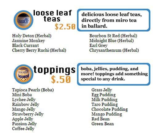 Menu at Oasis Tea Zone cafe, Seattle, University Way NE