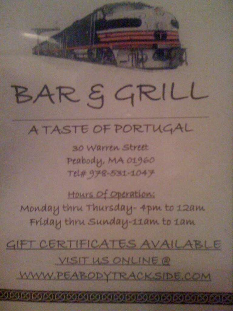 Menu at Trackside Bar & Grill, Peabody, 30 Warren St