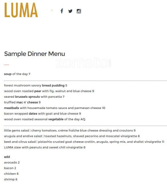 Menu at LUMA pizzeria, Petaluma