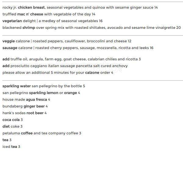 Menu at LUMA pizzeria, Petaluma