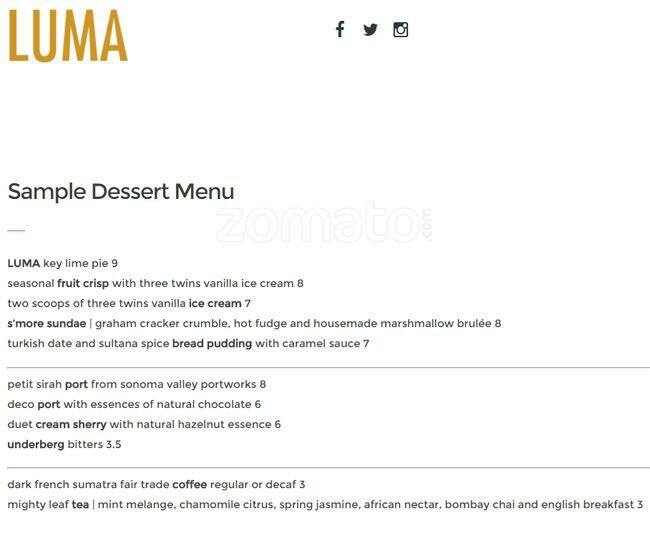 Menu at LUMA pizzeria, Petaluma