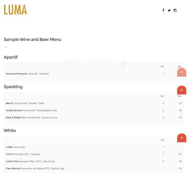 Menu at LUMA pizzeria, Petaluma