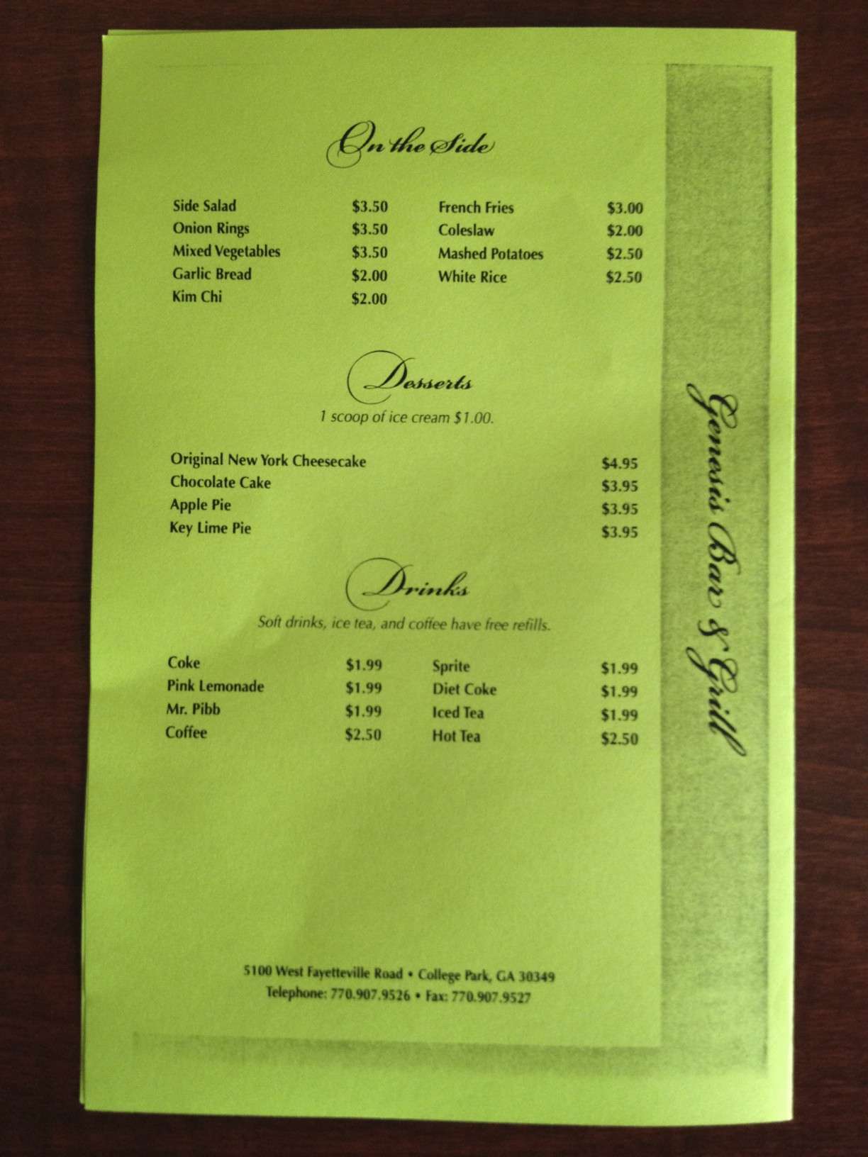 Menu at Genesis Bar & Grill, College Park