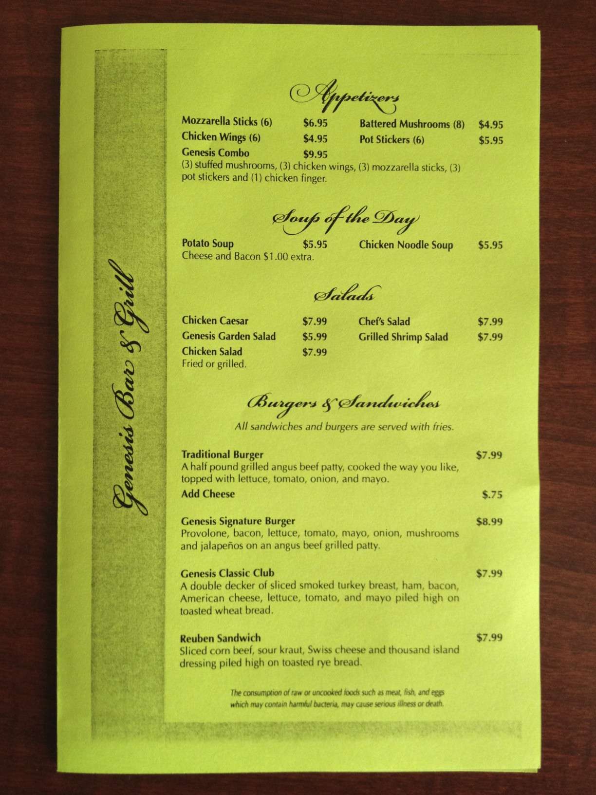 Menu at Genesis Bar & Grill, College Park