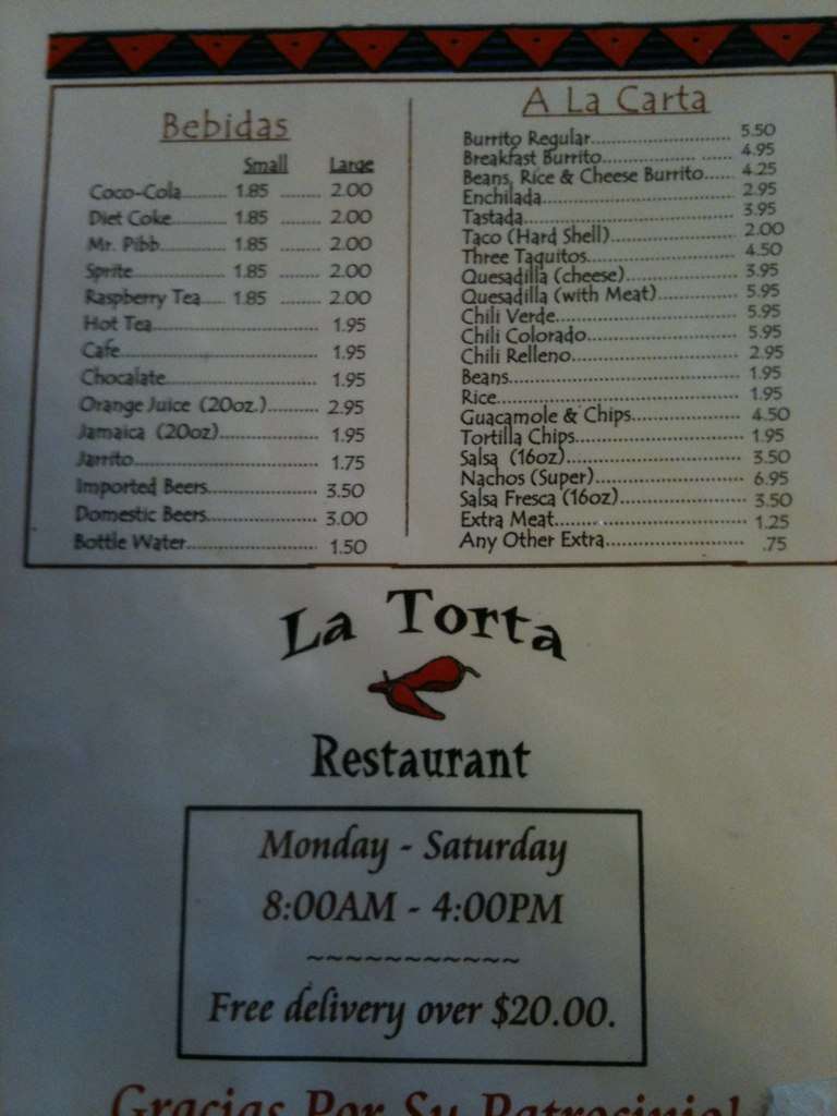 Menu at La Torta restaurant, Fresno, Ventura St