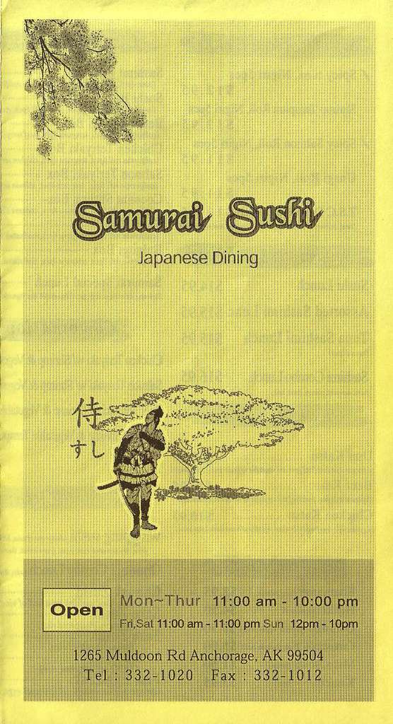 Menu at Samurai Sushi restaurant, Anchorage