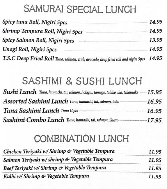 Menu at Samurai Sushi restaurant, Anchorage