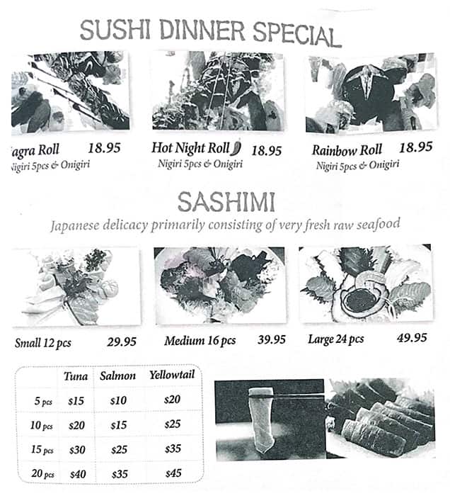 Menu at Samurai Sushi restaurant, Anchorage