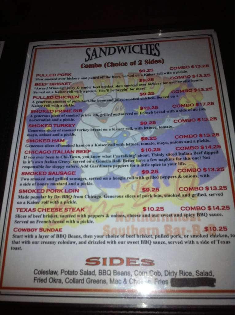 Menu at Big Daddy's BarB-Q, Fairbanks