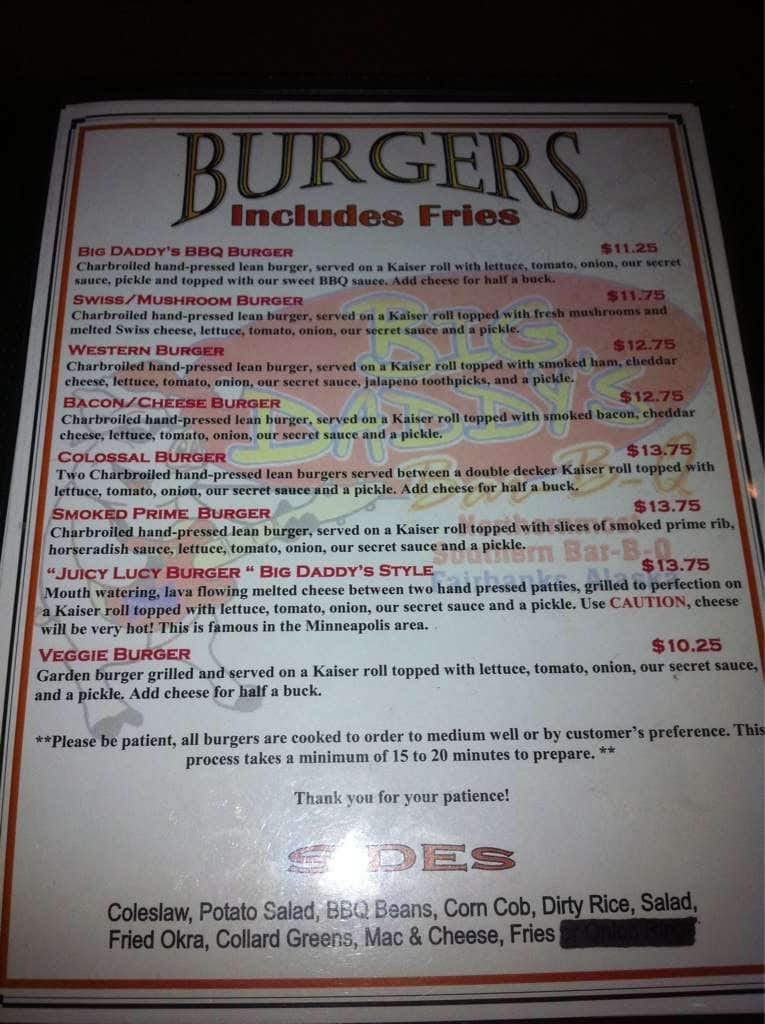 Menu at Big Daddy's BarB-Q, Fairbanks