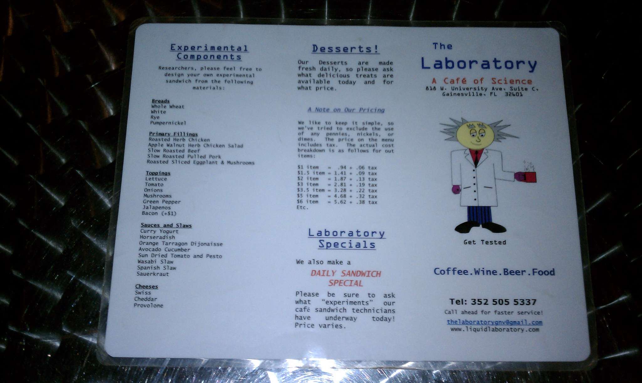 The Laboratory! Menu, Menu for The Laboratory!, Gainesville ...