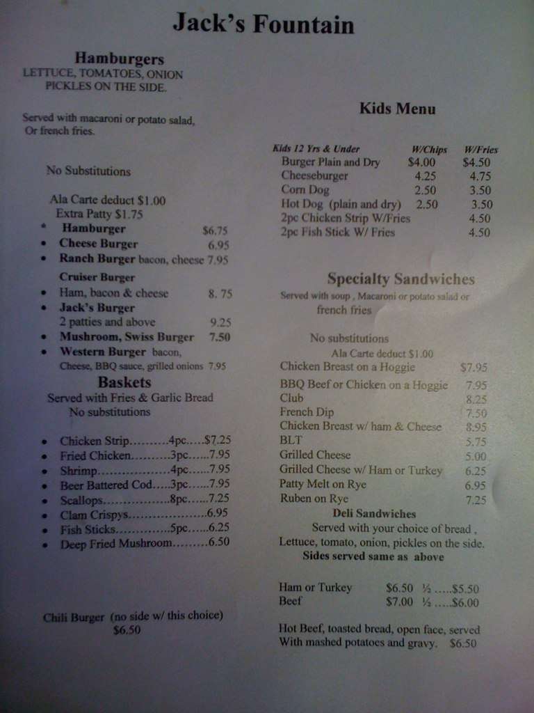 Menu at Jacks Fountain restaurant, Powers