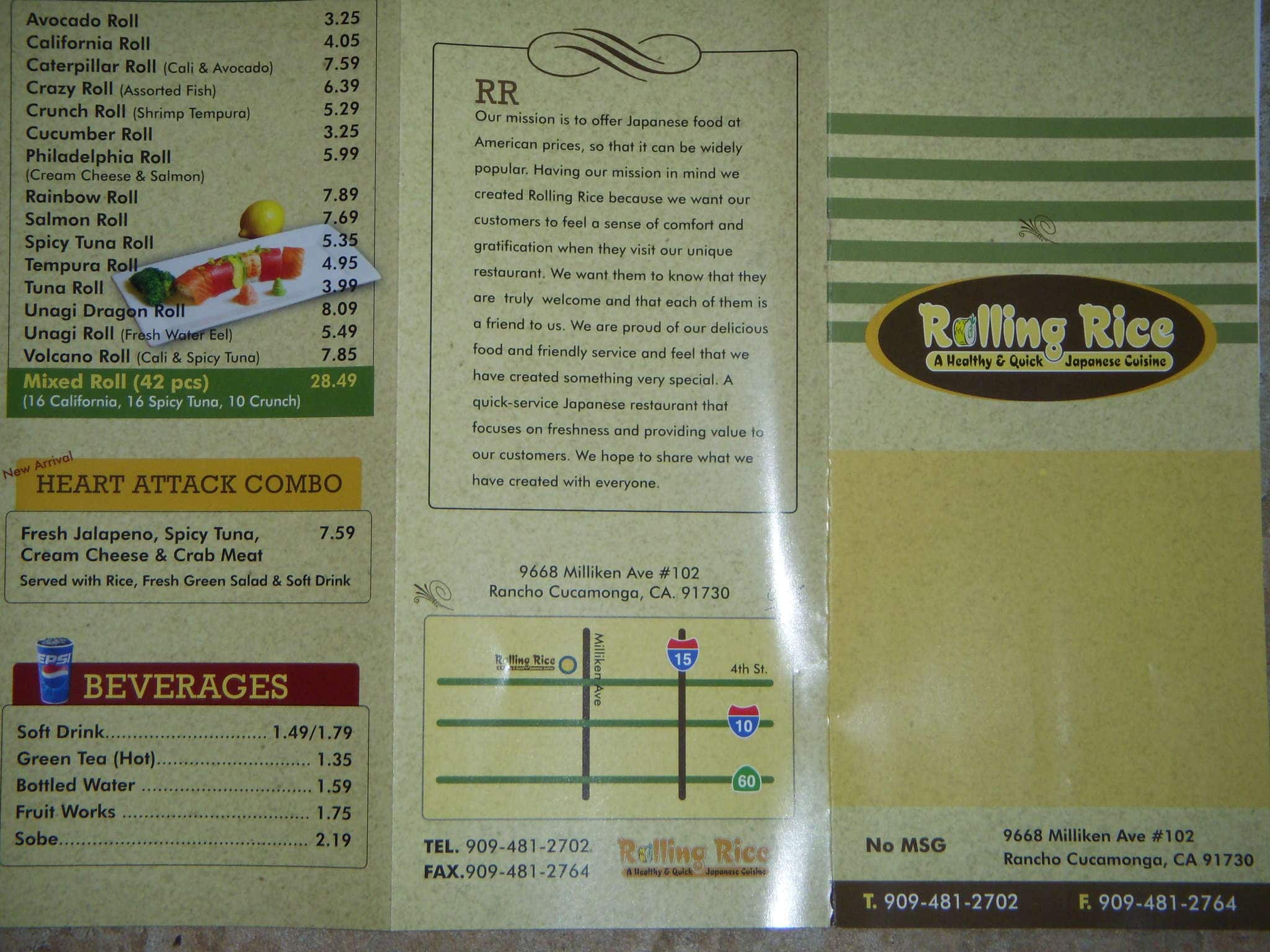 Menu at Rolling Rice restaurant, Rancho Cucamonga, Milliken Ave