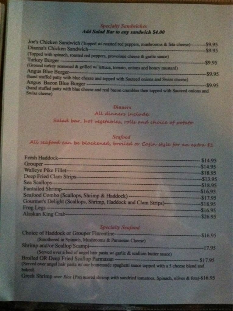Menu at Gary's Restaurant, Sylvan Beach