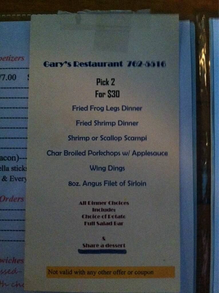 Menu at Gary's Restaurant, Sylvan Beach