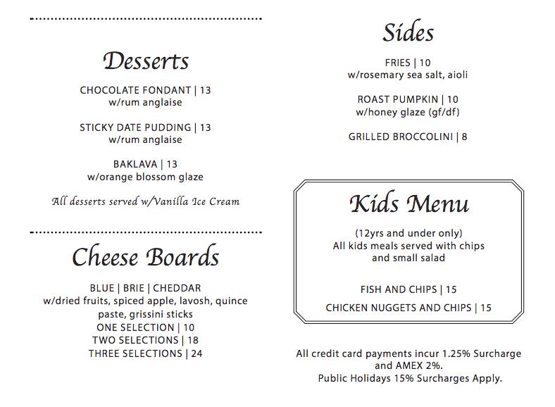 Menu at River Quay Fish restaurant, Brisbane City